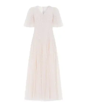 NEEDLE & THREAD Scallop Sequin V-neck Ankle Gown - Cream
