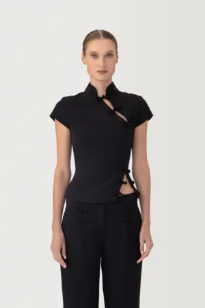 SAU LEE Iris Crepe Cap Sleeve Top - Black