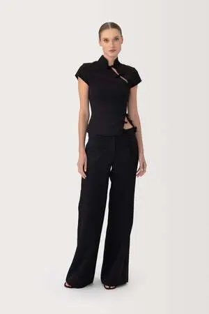 SAU LEE Iris Crepe Cap Sleeve Top - Black