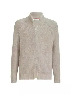 Brunello Cucinelli Cashmere And Silk High-neck Zipper Cardigan - Neutrals