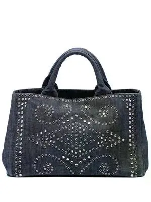 Prada Canapa Logo Studded Satchel - Grey