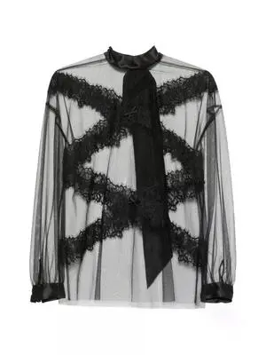 Viktor & Rolf Sheer Tulle Lace Trim High Neck Blouse - Black