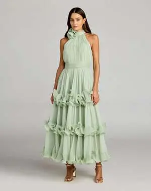 MAC DUGGAL Ieena For Mac Duggal Sleeveless Chiffon Halter Neck Midi Dress With Ruffle Tiers