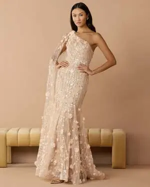 MAC DUGGAL COLLECTION One Shoulder Embellished Gown With Cape Sleeve - Neutral