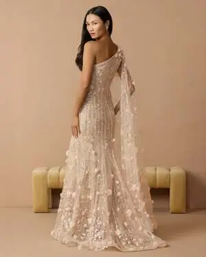 MAC DUGGAL COLLECTION Embellished One-shoulder Gown With Cape Sleeve