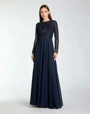 Mac Duggal Embellished Long Sleeve Gown With Chiffon Skirt