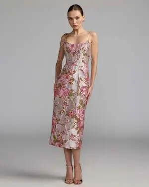 Mac Duggal Floral Brocade Bow Strap Midi Dress - Pink Multi