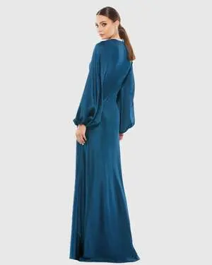 Mac Duggal Petite Beaded High Neck Bishop Sleeve Satin Gown