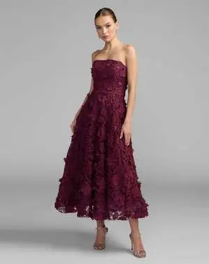 Mac Duggal Strapless Floral Embroidered Lace A-line Maxi Dress - Red