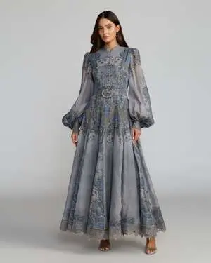 Mac Duggal Bishop Sleeve Printed Cotton A-line Maxi Dress - Gray