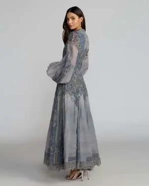 Mac Duggal Bishop Sleeve Printed Cotton A-line Maxi Dress