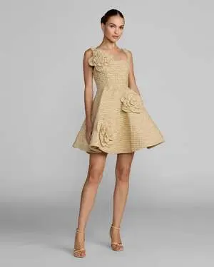 Mac Duggal Boucle Floral Applique Mini Dress - Gold