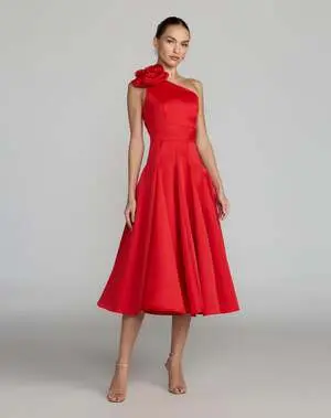 Mac Duggal One Shoulder Satin Midi Dress With 3d Flower Detail - Red