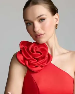 Mac Duggal One Shoulder Satin Midi Dress With 3d Flower Accent - Red