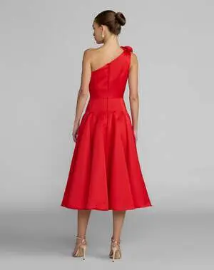 Mac Duggal One Shoulder Satin Midi Dress With 3d Flower Accent - Red