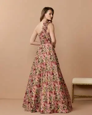 MAC DUGGAL COLLECTION One-shoulder Floral Velvet Ball Gown