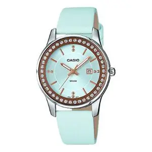 Casio Analog Quartz Watch With Studded Bezel And Leather Strap - Green
