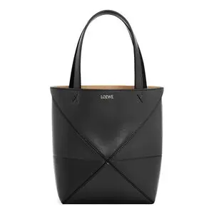 Loewe Mini Puzzle Fold Tote In Shiny Calfskin - Black