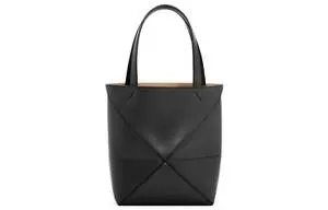 Loewe Mini Puzzle Fold Tote In Shiny Calfskin - Black