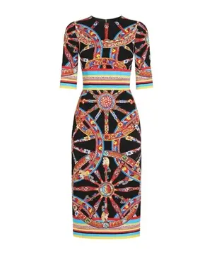 Dolce & Gabbana Short Sleeve Printed Midi Dress - Multicolor