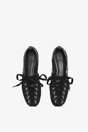 GANNI Mesh Lace-up Flat Ballerina - Black