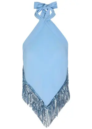 Rabanne Fringed Chains Asymmetric Woven Top - Blue
