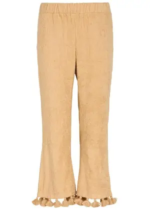 Cap D'antibes Morgane Tasseled-hem Straight-leg Terry Trousers - Beige