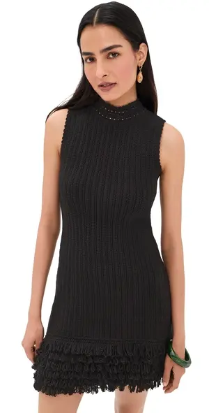 DE LORETA Safiro Ribbed Knit Mini Dress With Fringe - Black