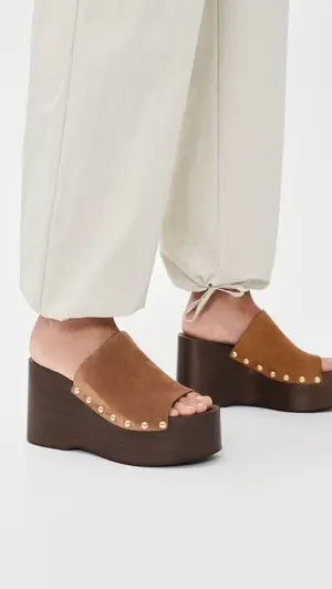 STUART WEITZMAN Suede Clog Platform Slides With Gold-tone Studs