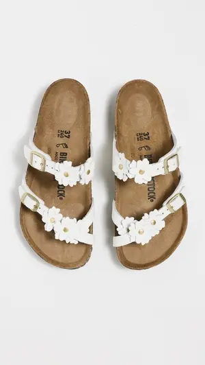BIRKENSTOCK Mayari Floral Embellished Leather Sandals - White