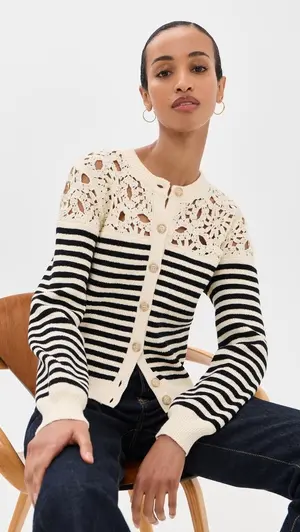 FRAME Coastal Stripe Cardigan With Floral Crochet Lace Detail