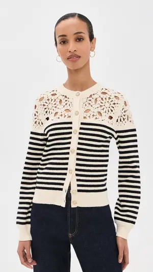 FRAME Coastal Stripe Cardigan With Floral Crochet Lace Detail