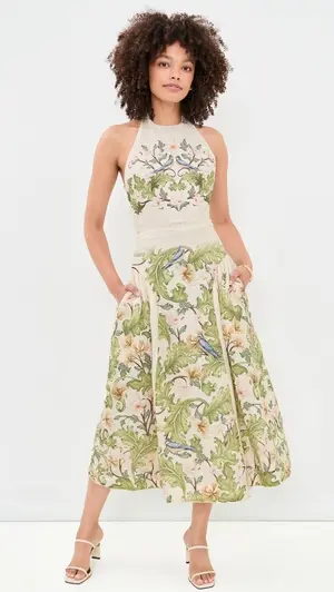 Agua Bendita Balsa Anhelo Printed Linen Halterneck Midi Dress