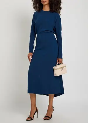 Victoria Beckham Pleated Woven Midi Dress - Dark Blue