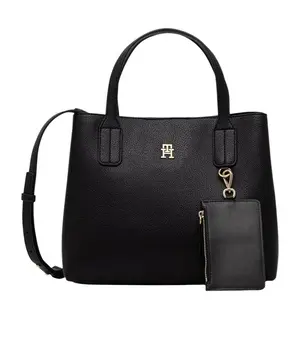 Tommy Hilfiger Logo Plaque Textured Satchel Bag - Black