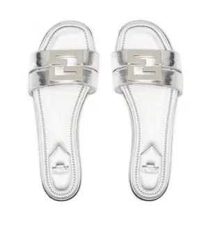 Fendi Ff Logo Plaque Metallic Nappa Leather Sandals - Silver