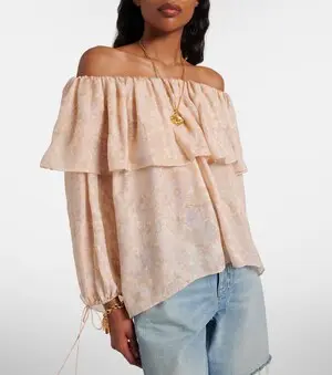 Chloé Floral Silk Charmeuse Off-the-shoulder Blouse