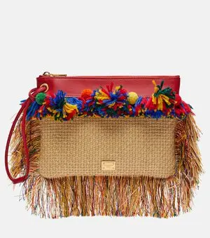 Dolce & Gabbana Fringed Woven Leather-trimmed Pouch - Red