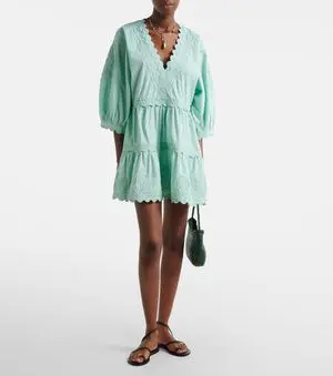 JULIET DUNN Embroidered Scalloped Cotton Poplin Mini Dress - Green