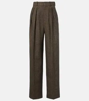 Saint Laurent Herringbone Wool-blend Wide-leg Trousers - Brown