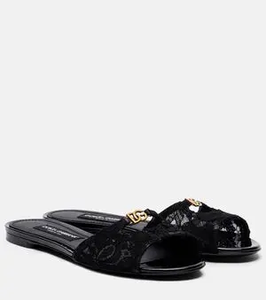 Dolce & Gabbana Leather-trimmed Lace Slides - Black