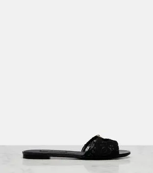 Dolce & Gabbana Dg Leather-trimmed Lace Slides - Black