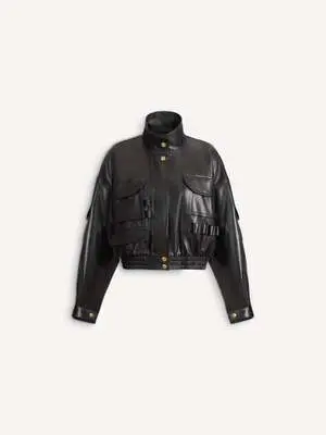 Balmain Lambskin Leather Cropped Bomber Jacket