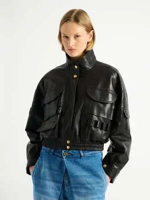 Balmain Lambskin Leather Cropped Bomber Jacket