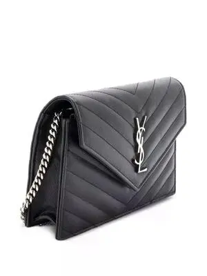 Saint Laurent Matelassé Chevron Leather Monogram Wallet On Chain - Black