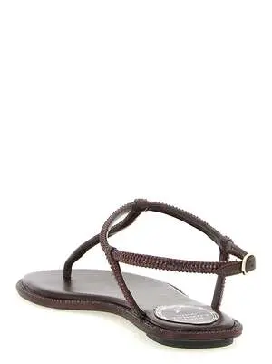 Rene Caovilla Embellished Leather Flip-flop Sandals - Brown
