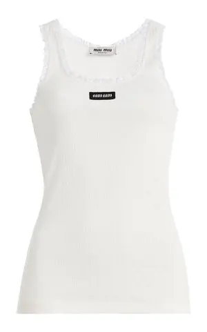 Miu Miu Pointelle Knit Cotton Tank Top With Lace Trim - White