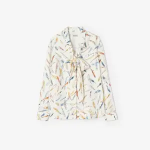 Burberry Silk Twill Feather Print Blouse With Tie Detail