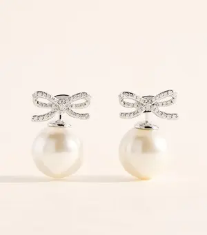 SELF-PORTRAIT Crystal Embellished Bow And Faux Pearl Drop Earrings - Silver