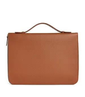 Eleventy Deer Print Calfskin Leather Laptop Bag With Top Handle - Beige